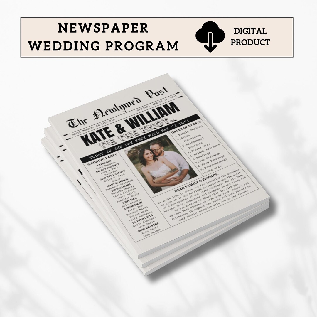 Newspaper Wedding Program Template Editable Wedding Newspaper Program ...