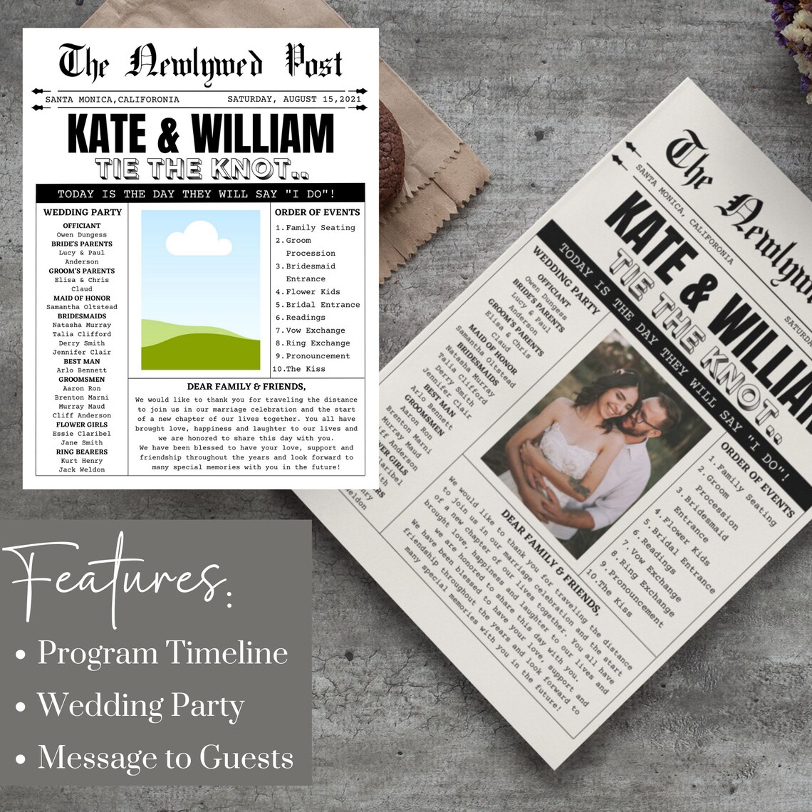 Newspaper Wedding Program Template Editable Wedding Newspaper Program ...