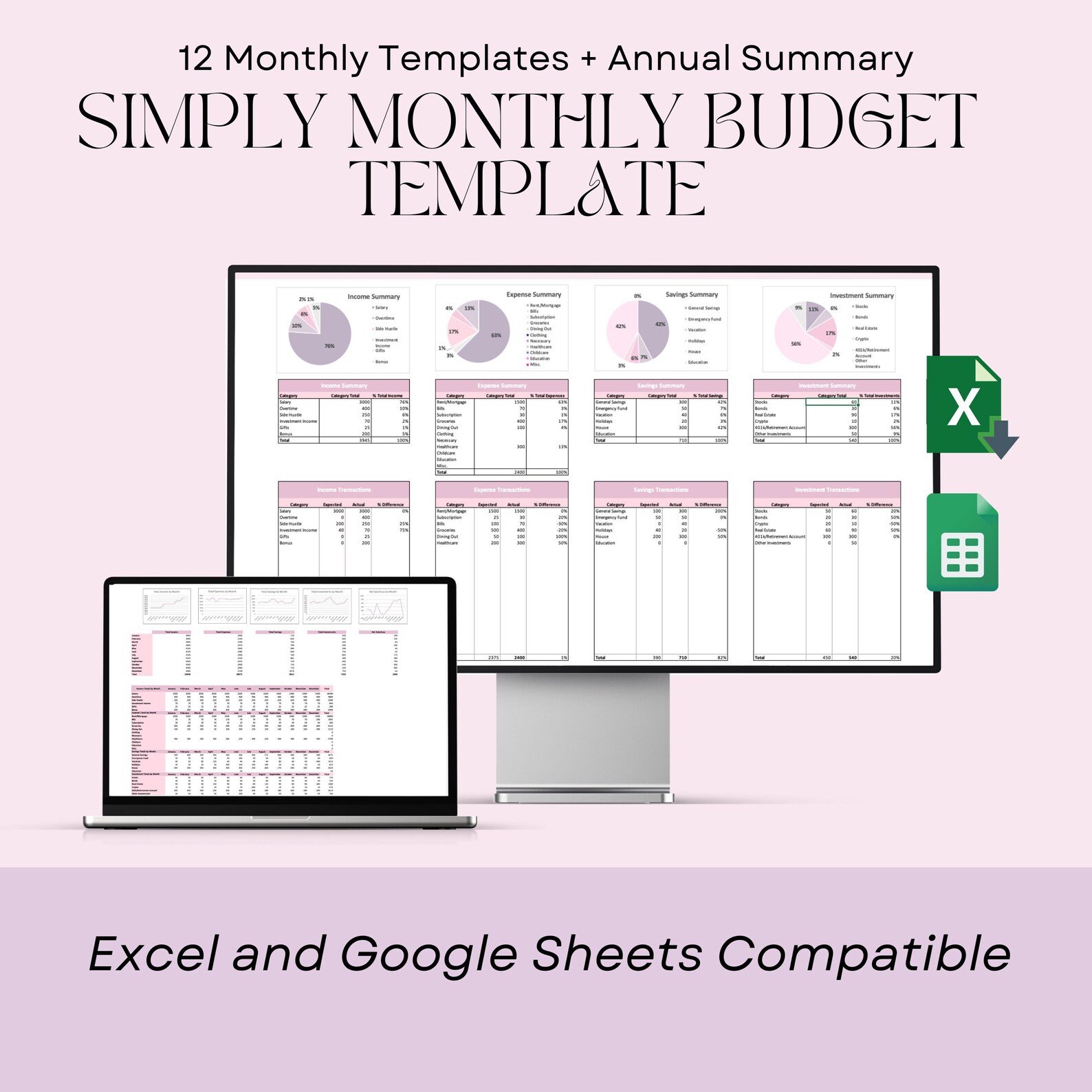 Monthly Budget Spreadsheet Template for Google Sheets and Excel, Simple ...