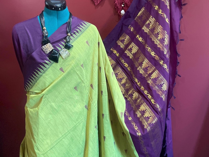 Pure Cotton Saree Kalyani Cotton Green and Purple With Temple Border ...