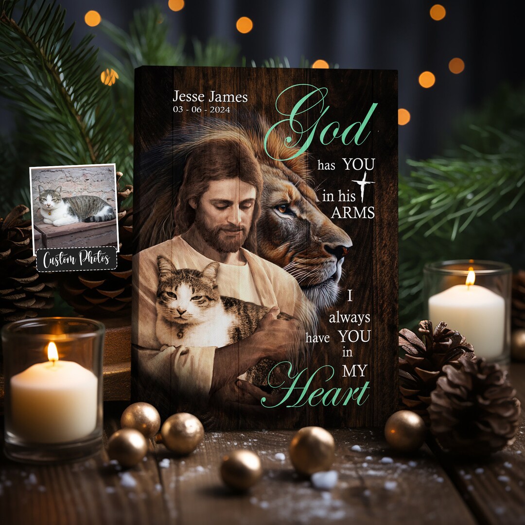Personalized Canvas Your Cat Safe in the Arms of God - Jesus Holding ...