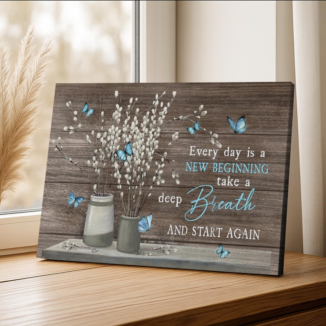 Inspirational New Beginning Canvas Art: Rustic Blue Butterfly Farmhouse ...