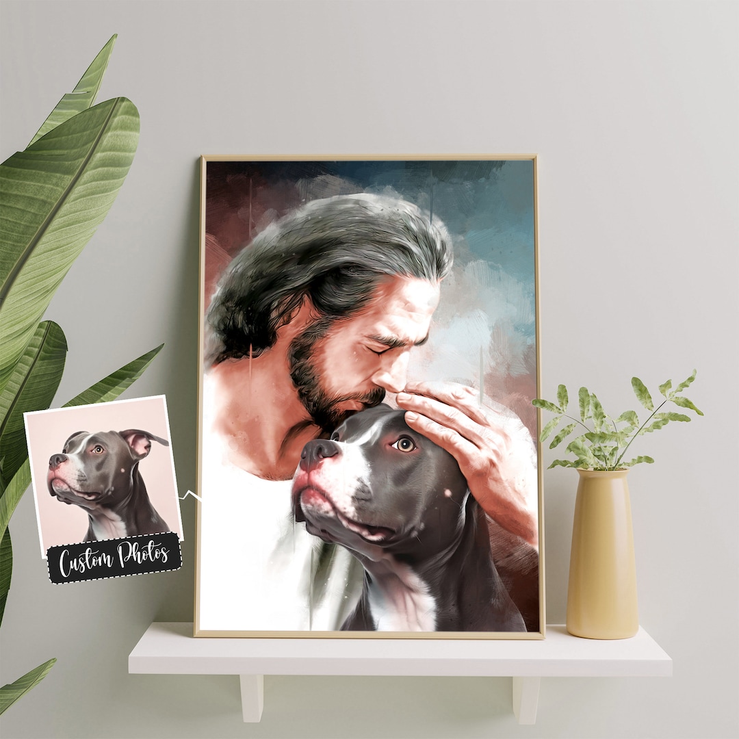 Personalized Jesus and Pitbull Dog Art - Custom Pet Portrait (digital ...