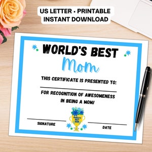 World's Best Mom Certificate of Appreciation Template Printable, Best ...
