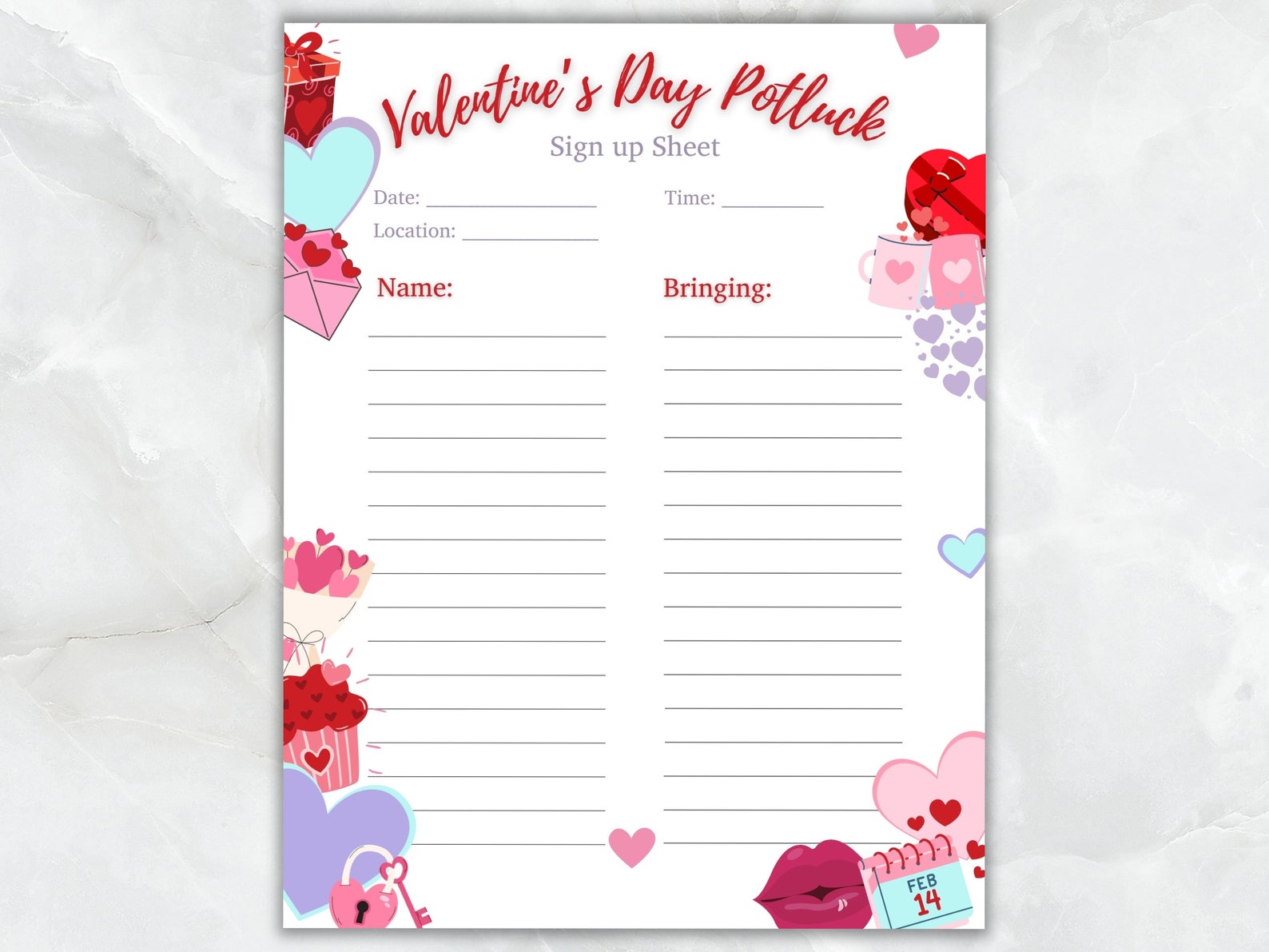 Valentine's Day Potluck Sign-up Sheet (digital Download) - Etsy