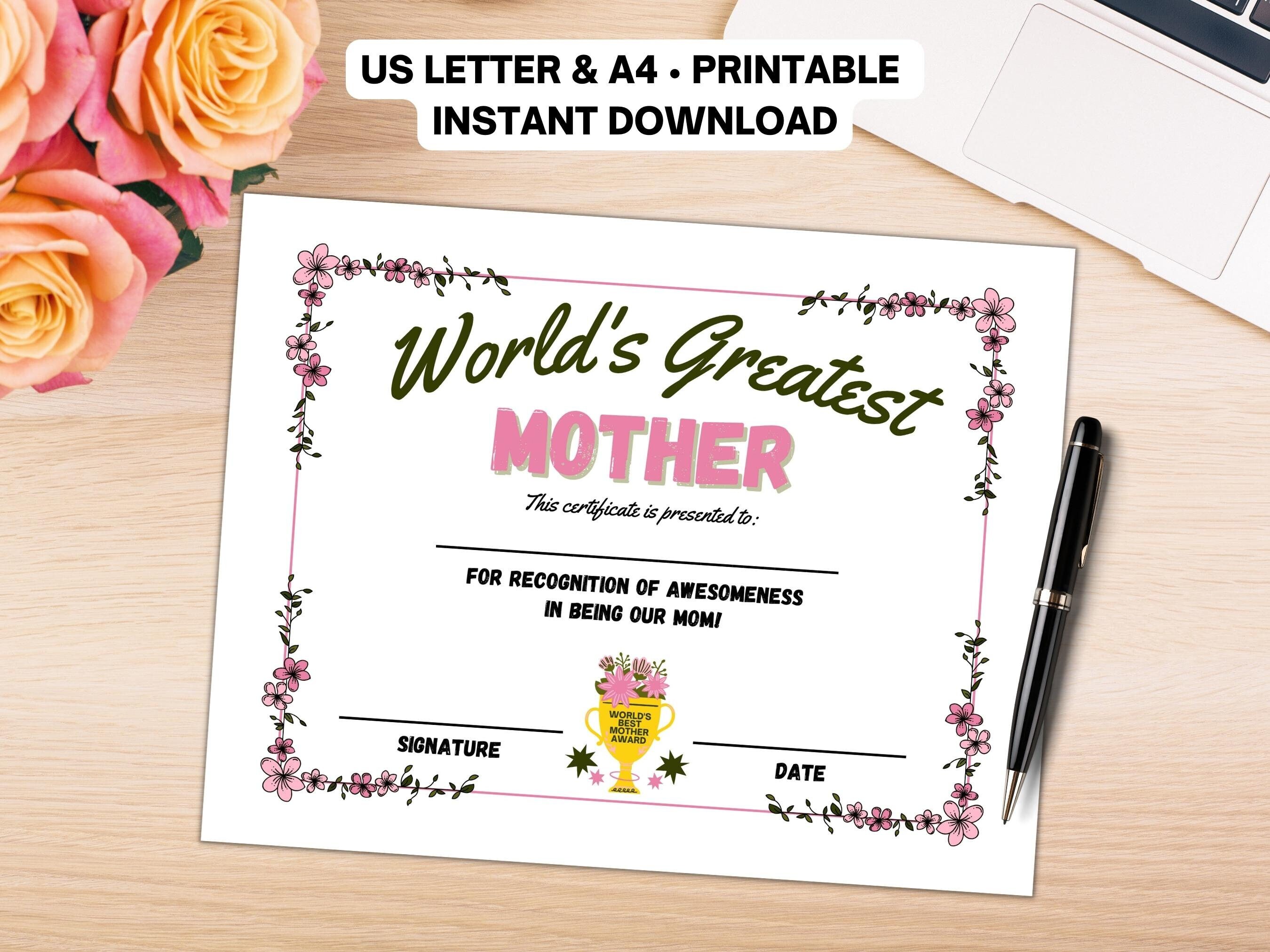 World's Greatest Mother Certificate of Appreciation, Best Mother Award ...