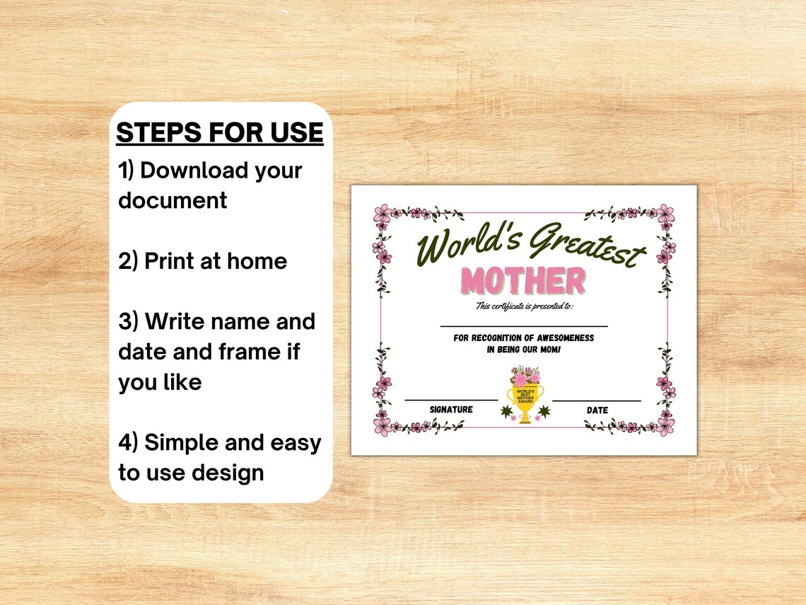World's Greatest Mother Certificate of Appreciation, Best Mother Award ...