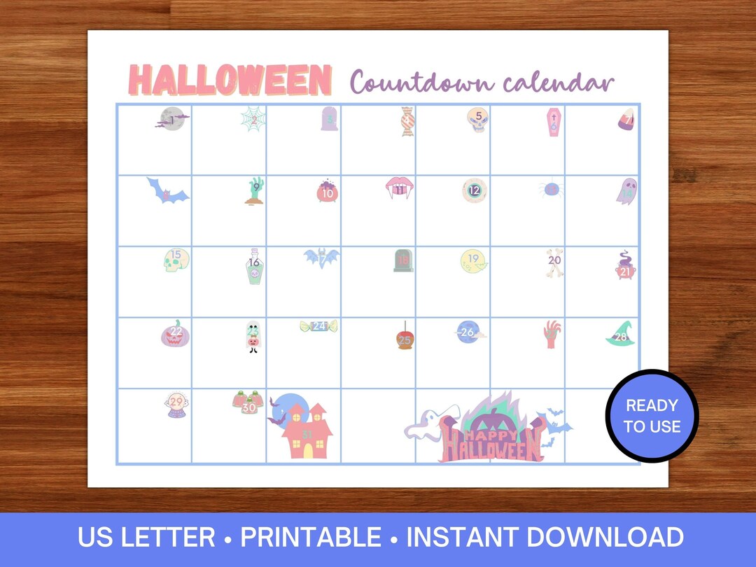 Pastel Halloween Countdown Calendar October Wall Calendar - Etsy