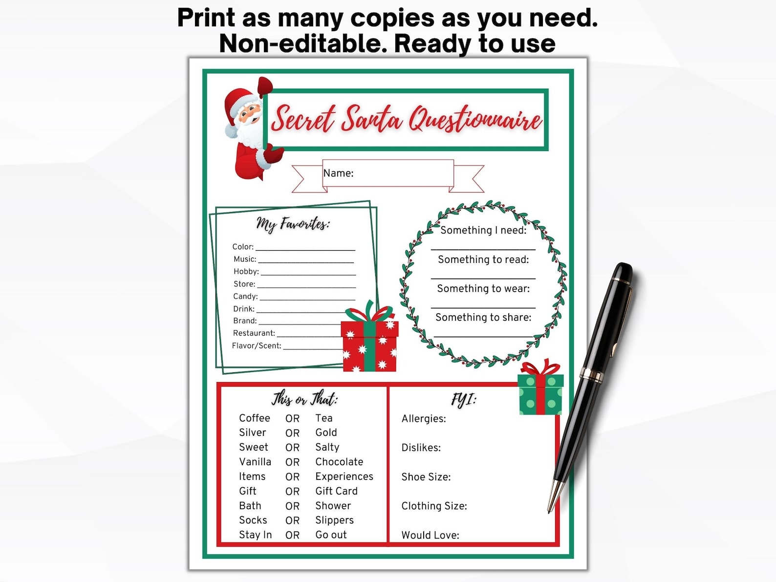 Secret Santa Sign up Sheet and Questionnaire, Printable Secret Santa ...