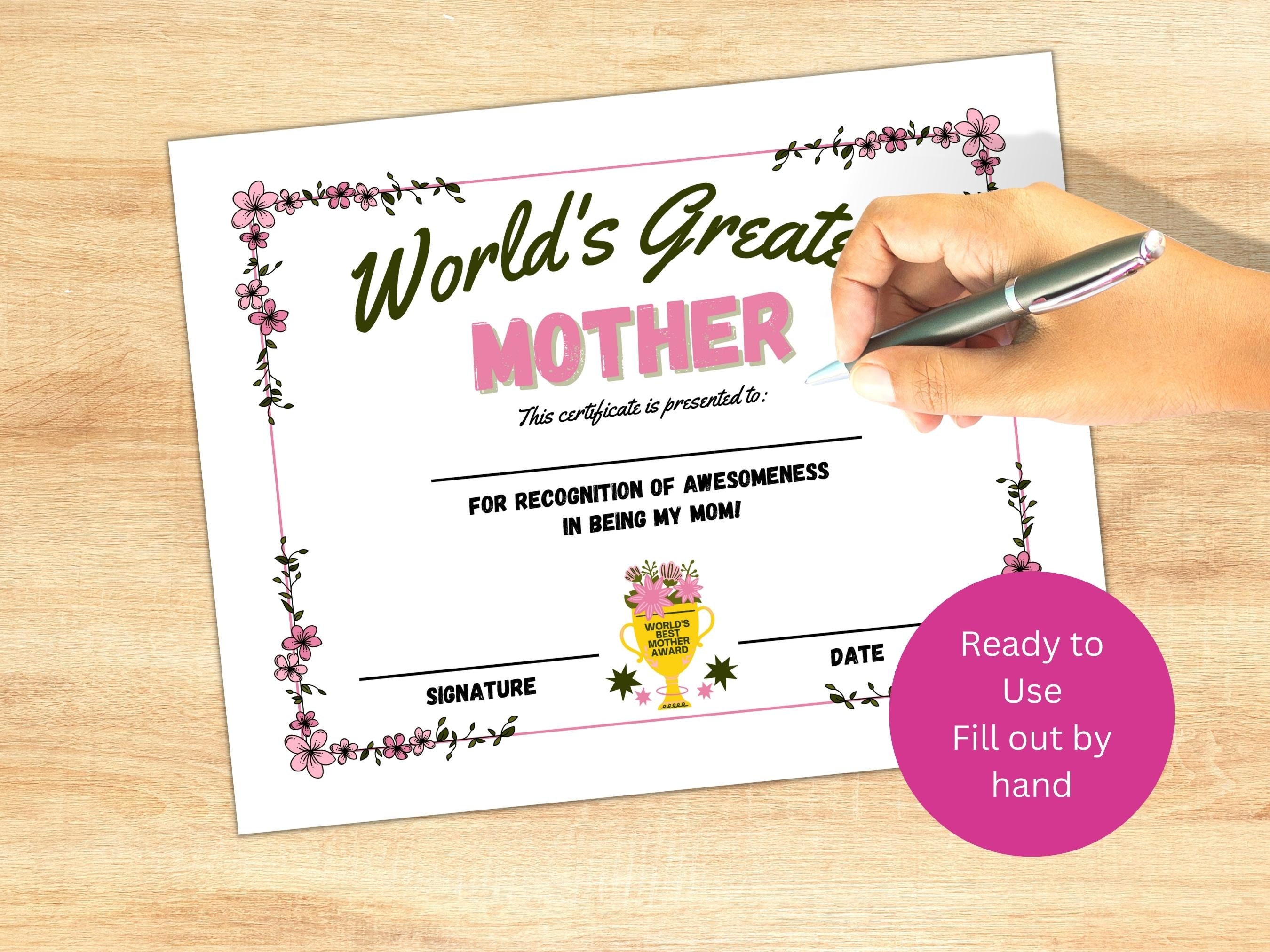 World's Greatest Mother Certificate of Appreciation, Best Mother Award ...