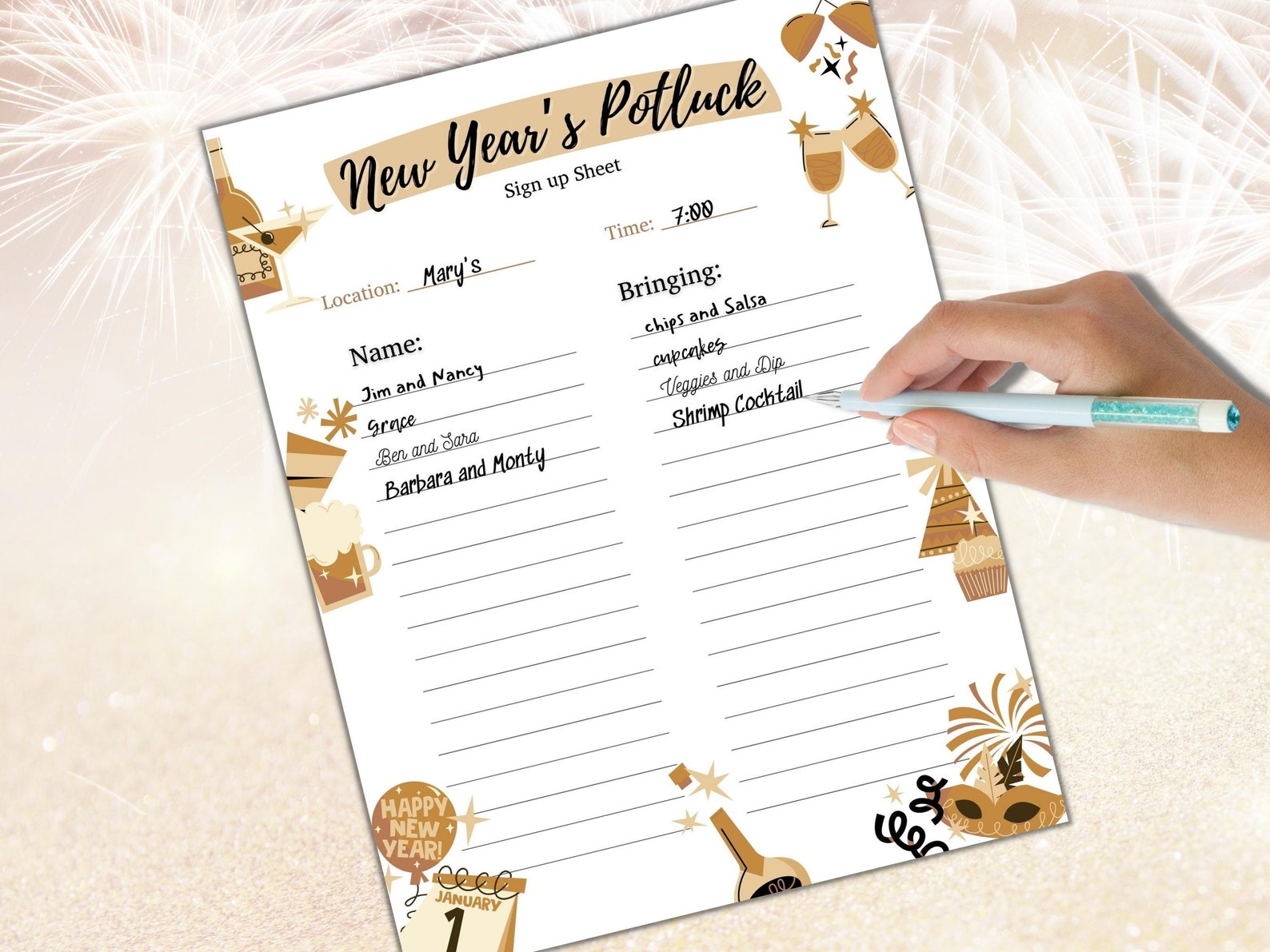 New Year's Potluck Sign up Sheet, New Year's Eve Potluck Signup ...