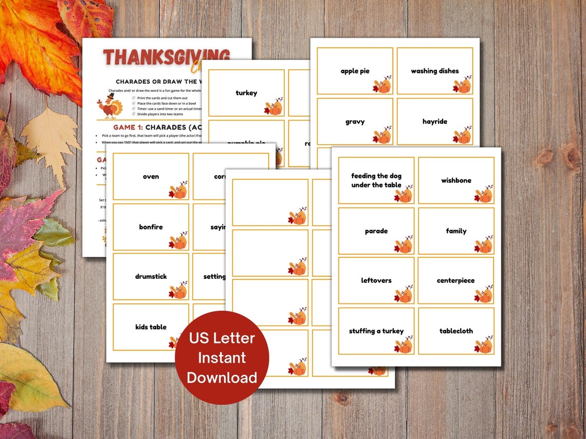 Thanksgiving Charades and Draw the Word Game Printable, Thanksgiving ...
