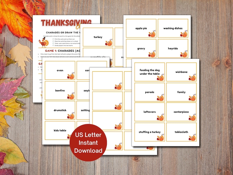 Thanksgiving Charades and Draw the Word Game Printable, Thanksgiving ...