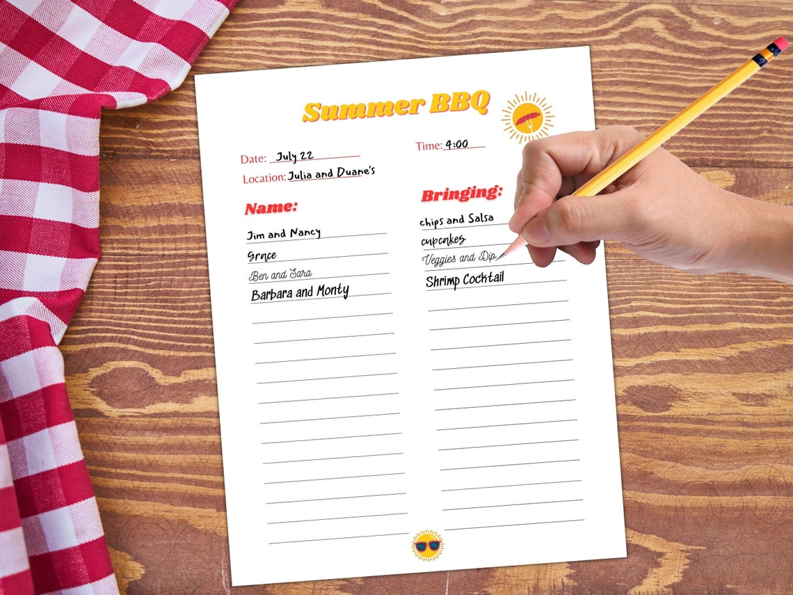 Summer BBQ Potluck Sign up Sheet, Printable Party Snack Sign up Page ...