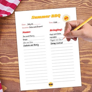 Summer BBQ Potluck Sign up Sheet, Printable Party Snack Sign up Page ...