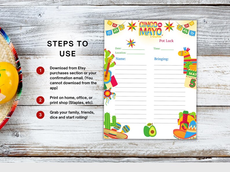 Cinco De Mayo Potluck Sign up Sheet: Fiesta Party Printable (digital ...