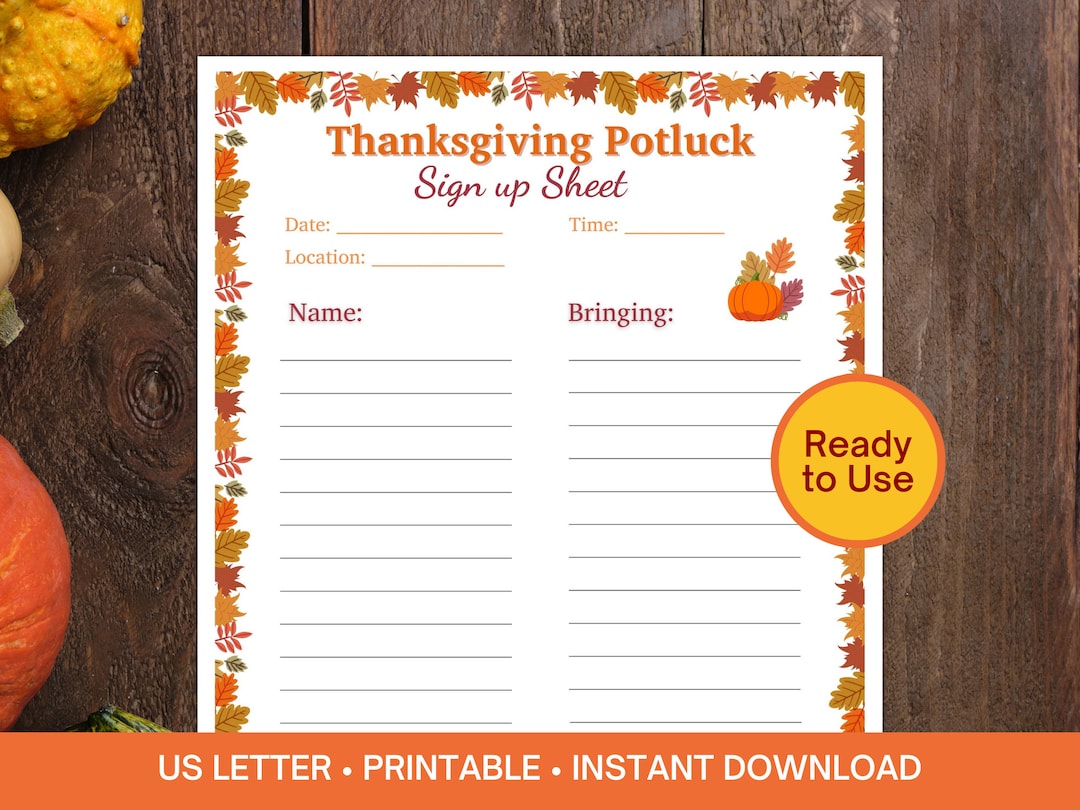 Thanksgiving Potluck Sign-up Sheet: Printable Food List (PDF) - Etsy