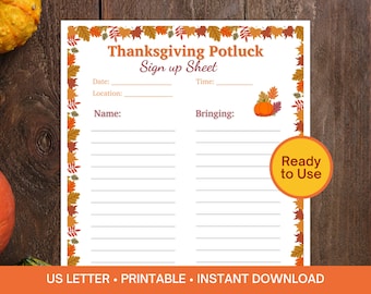 Thanksgiving Potluck Sign up Sheet With Time Column, Food Sign up Sheet ...