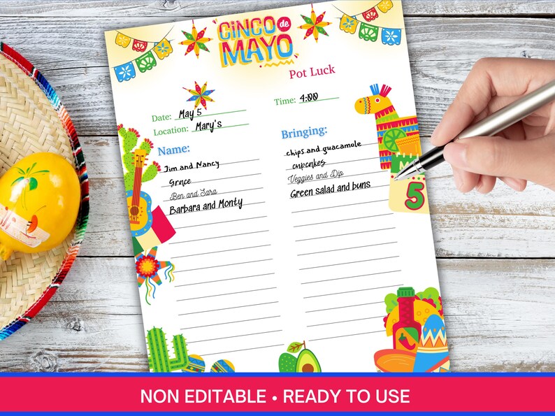 Cinco De Mayo Potluck Sign up Sheet: Fiesta Party Printable (digital ...