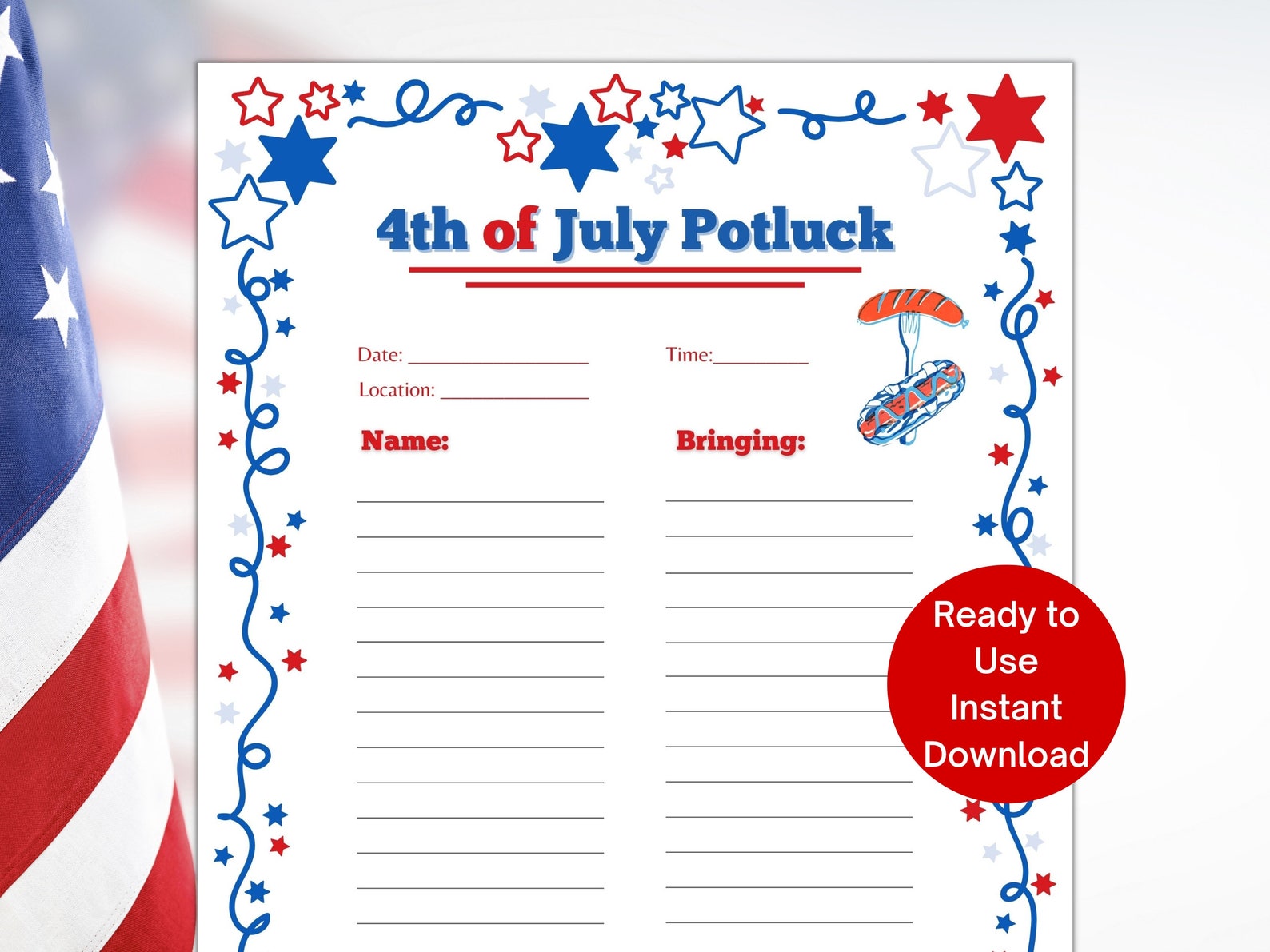 4th of July Potluck Sign-up Sheet: Printable Party Page (digital ...
