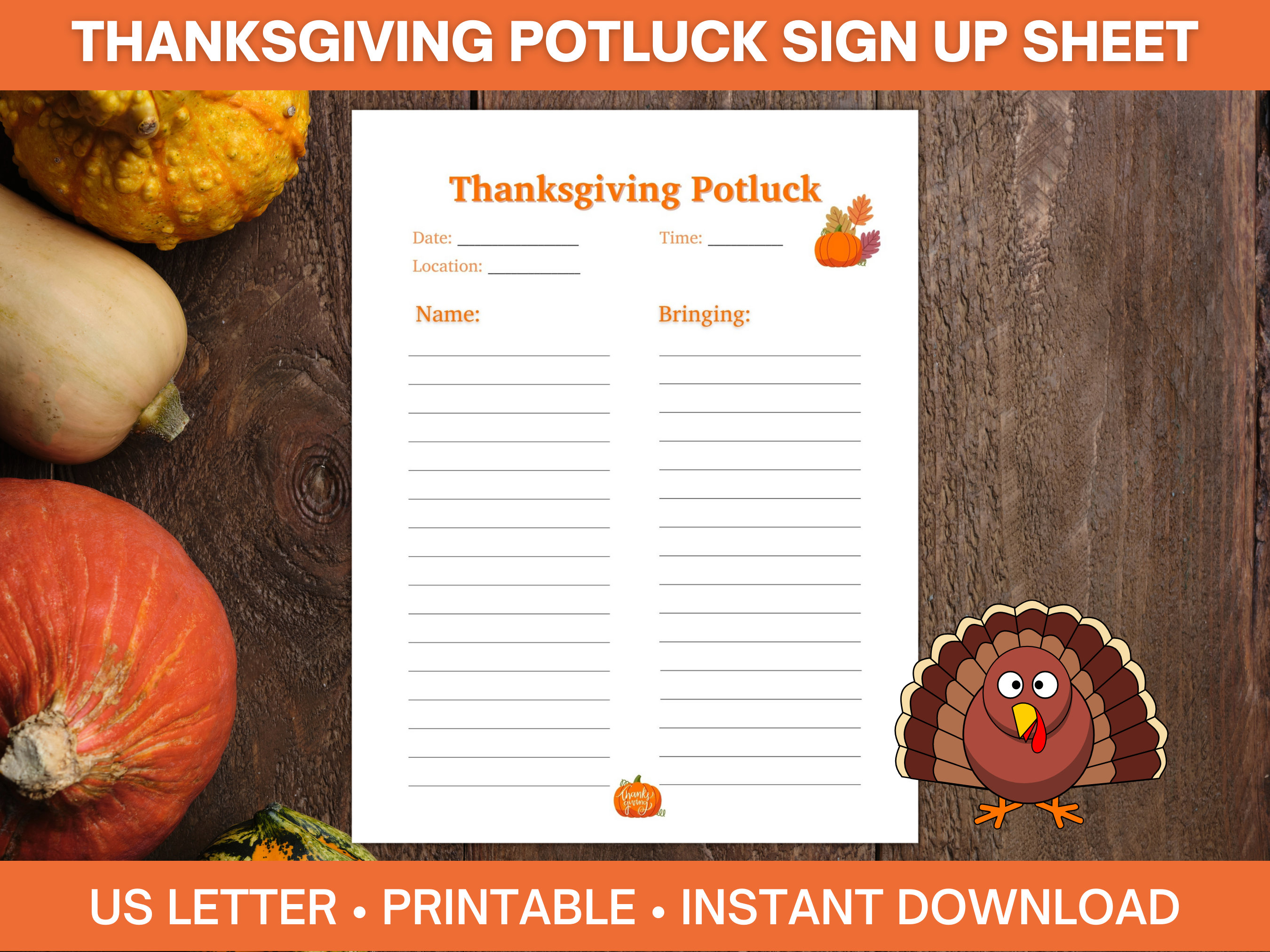 Thanksgiving Potluck Sign up Sheet With Time Column, Food Sign up Sheet ...
