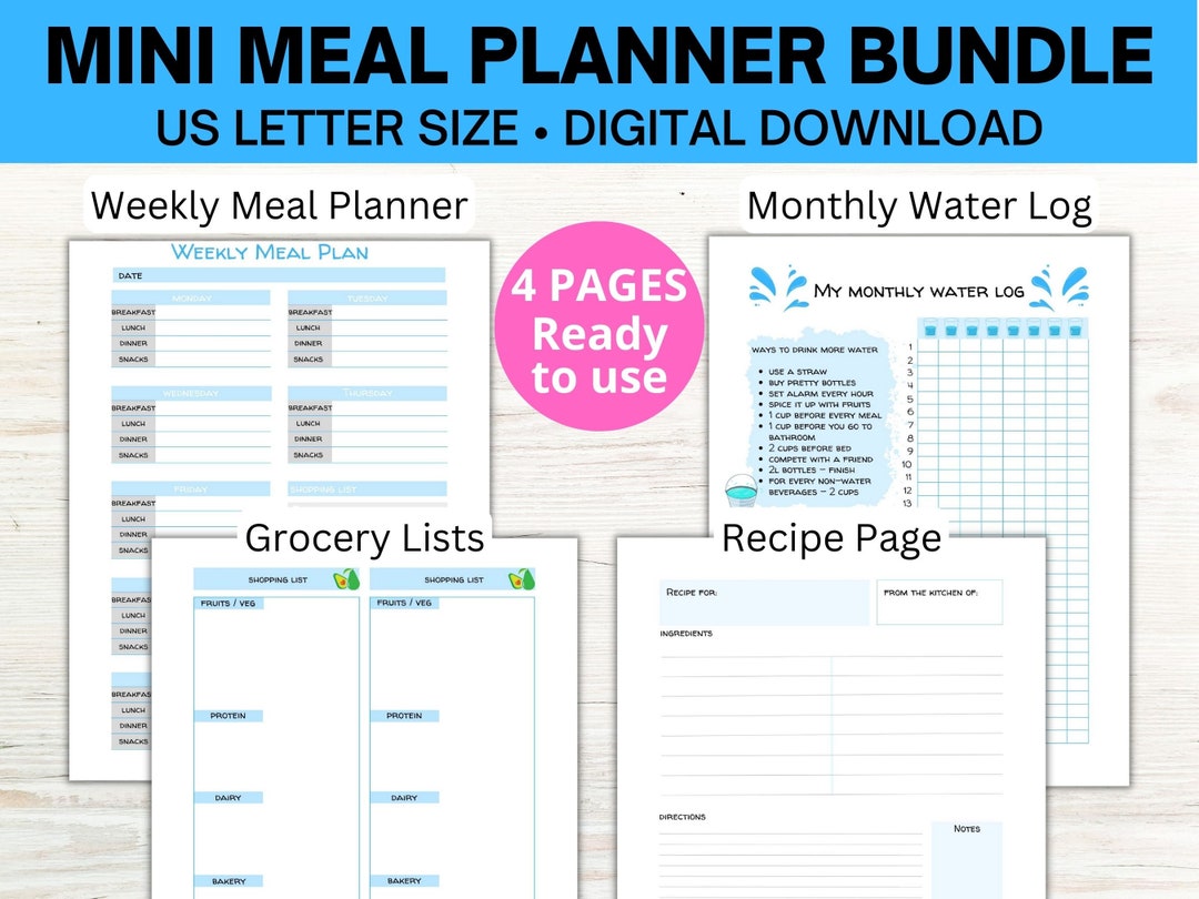 Weekly Meal Planner Printable With Shopping List, Recipe Card Template ...