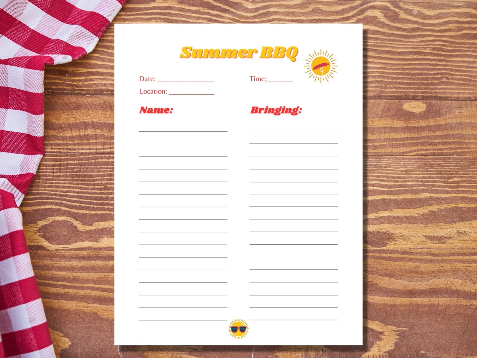 Summer BBQ Potluck Sign up Sheet, Printable Party Snack Sign up Page ...