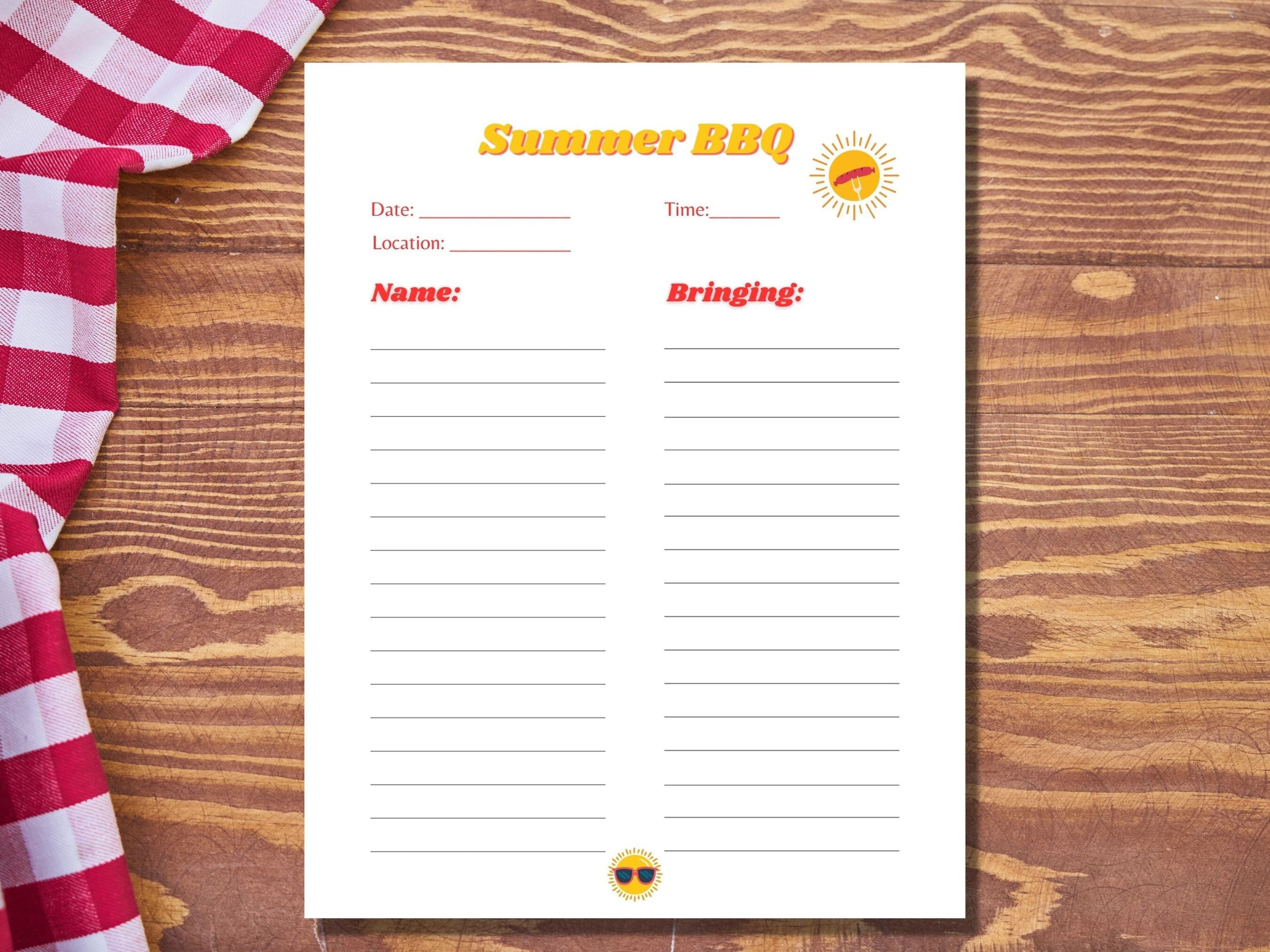 Summer BBQ Potluck Sign up Sheet, Printable Party Snack Sign up Page ...