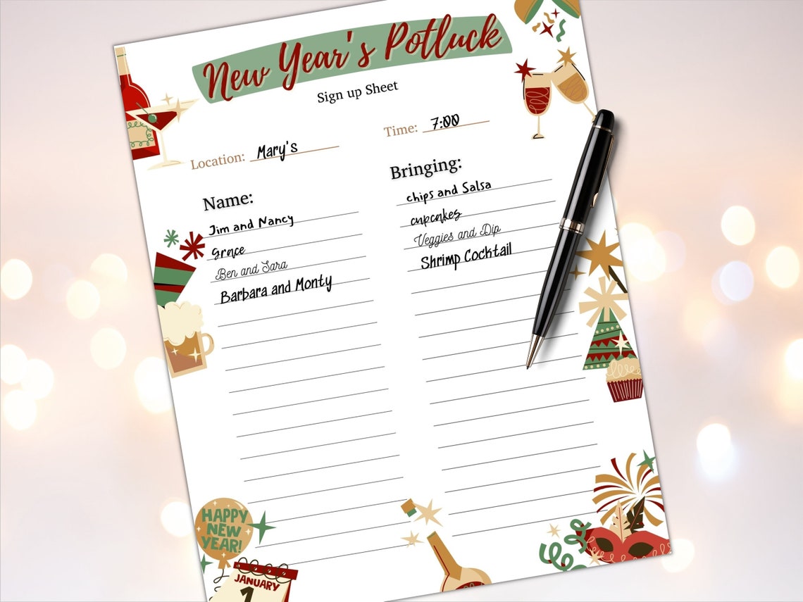 New Year's Potluck Sign up Sheet, New Year's Eve Potluck Signup ...