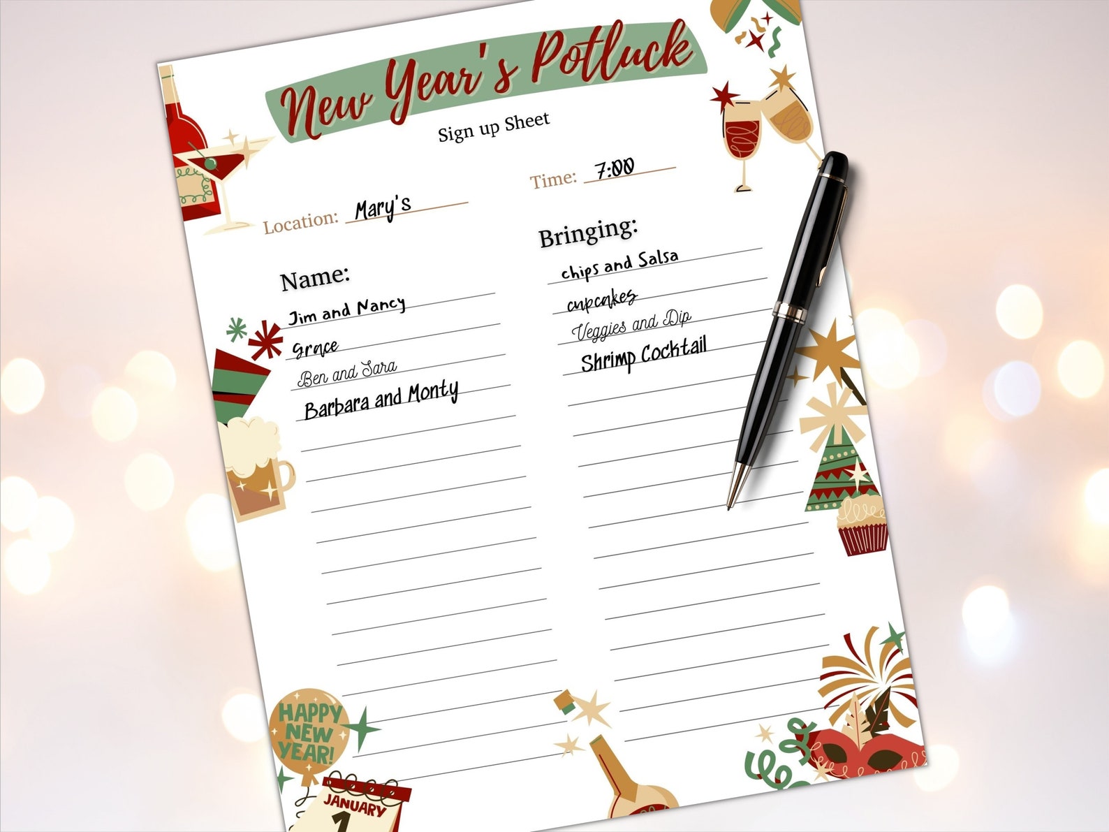 New Year's Potluck Sign up Sheet, New Year's Eve Potluck Signup ...