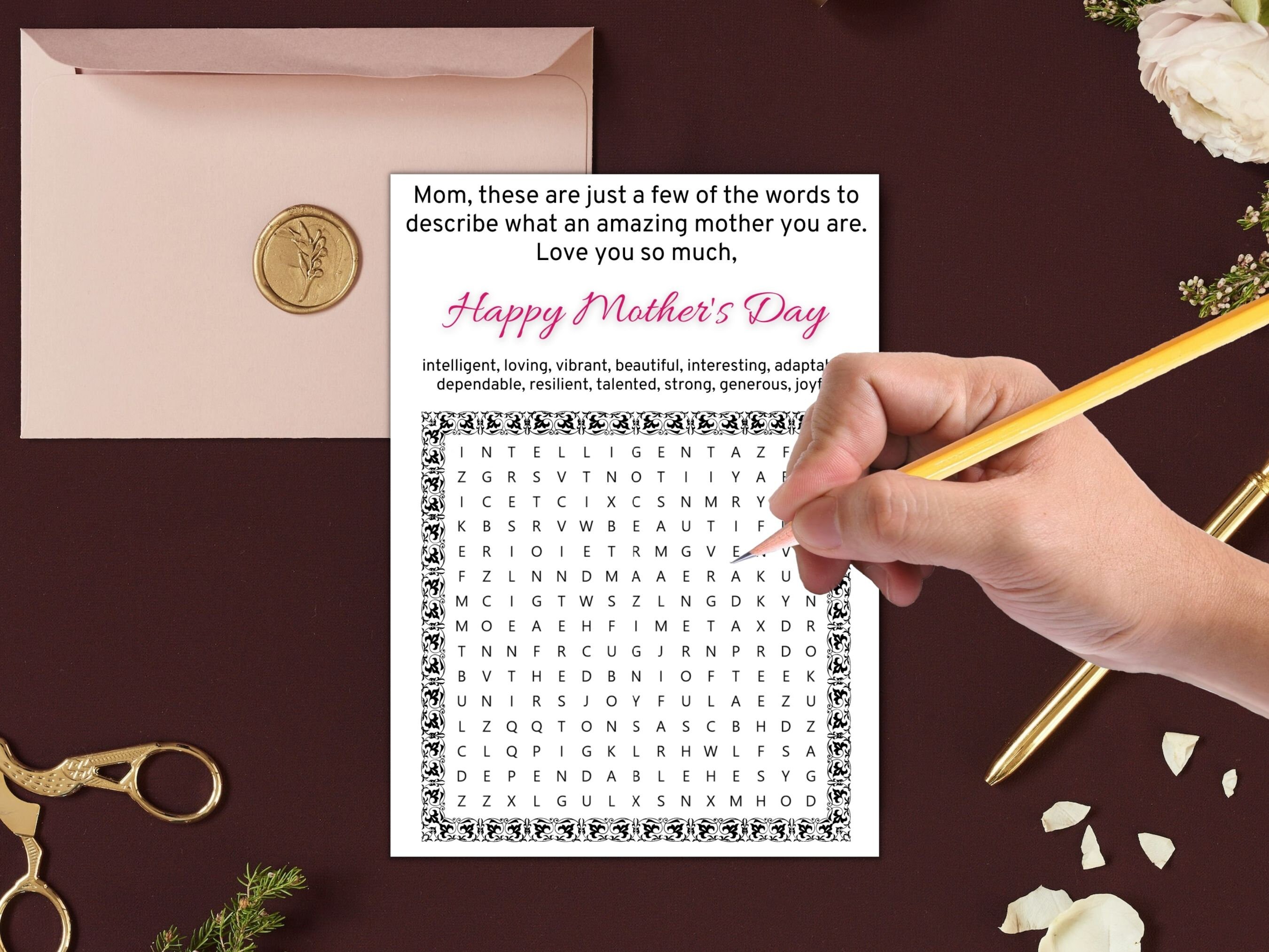Mother's Day Word Search Card, Printable Happy Mothers Day Card With ...