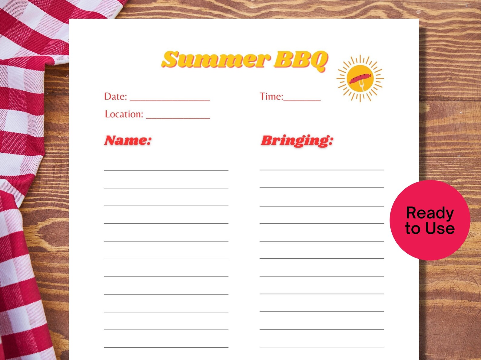 Summer BBQ Potluck Sign up Sheet, Printable Party Snack Sign up Page ...