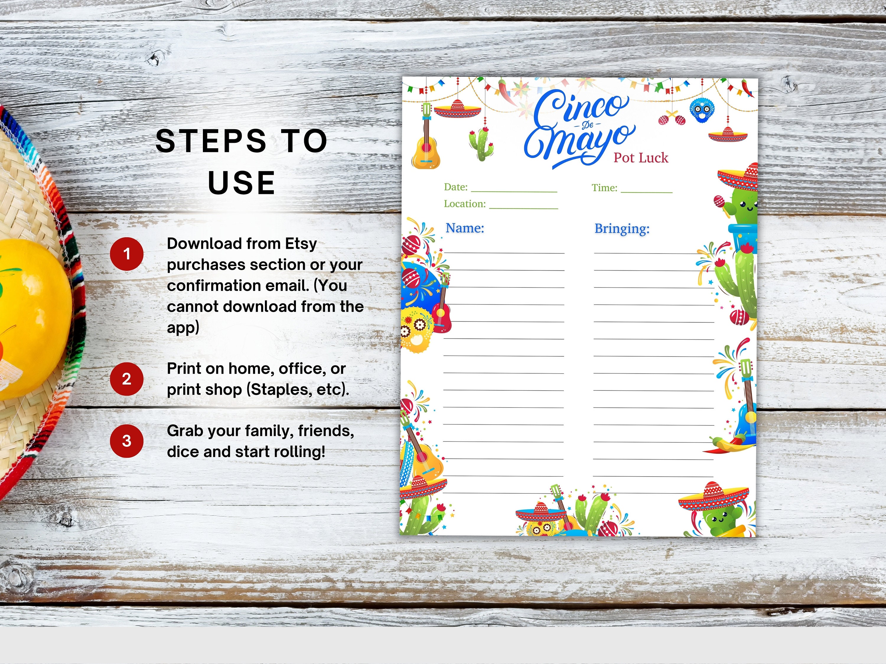 Cinco De Mayo Potluck Sign up Sheet, Printable Cinco De Mayo Party Sign ...