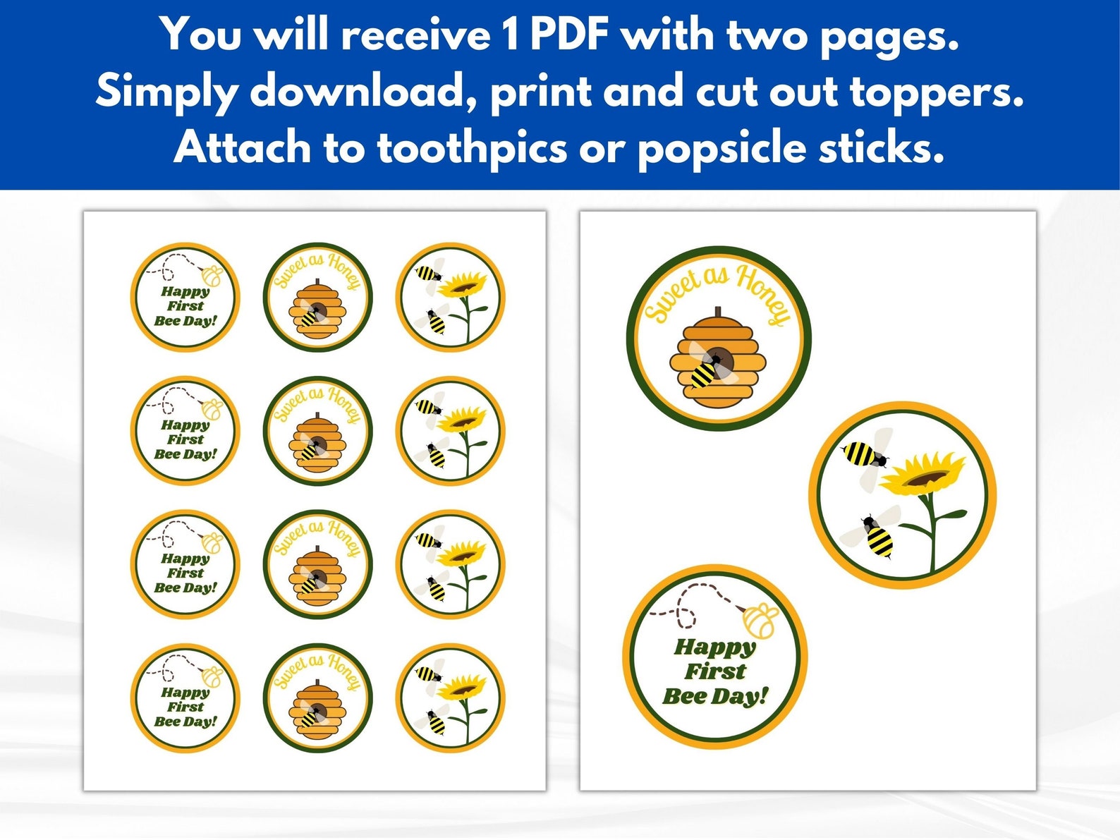 First Bee Day Cake Topper, Cupcake Toppers and Gift Tags, 1st Bee Day ...