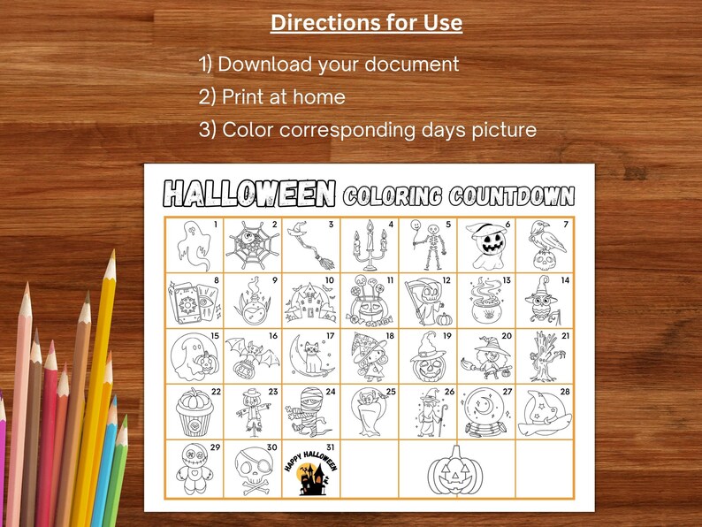 Halloween Countdown Coloring Calendar: October Activity Page (PDF) - Etsy