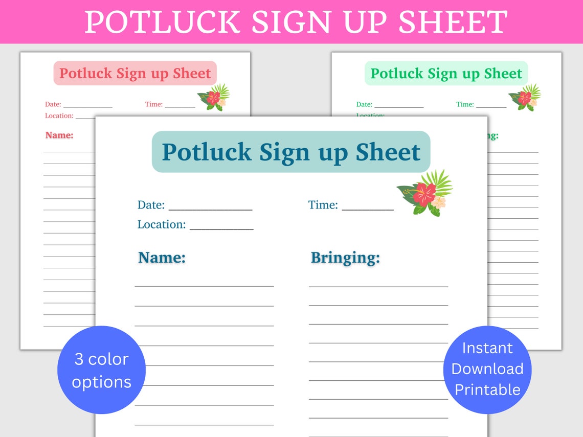 Potluck Sign up Sheet, Food Sign up Sheet, Printable Party Snack Sign ...