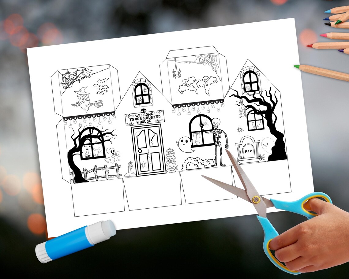 Haunted House Paper Craft to Color and Cut, Printable Halloween ...