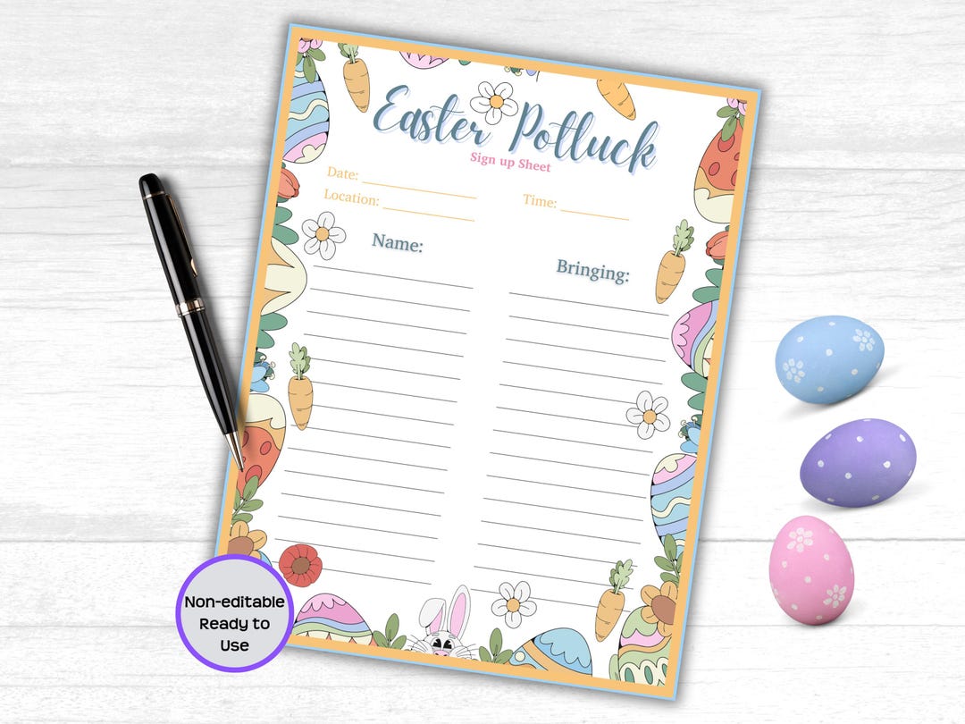 Easter Potluck Sign up Sheet, Printable Food Sign up Sheet, Easter ...
