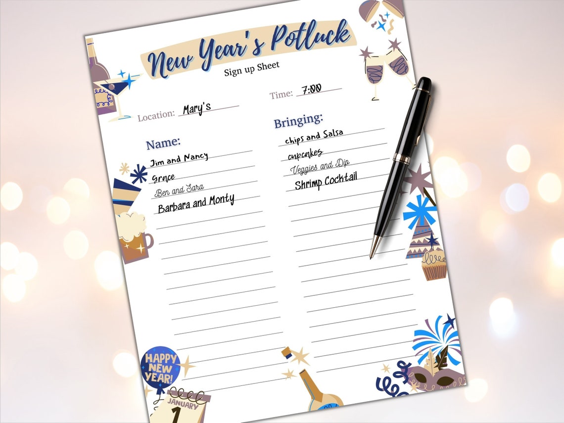 New Year's Potluck Sign-up Sheet: Holiday Party Printable (PDF) - Etsy