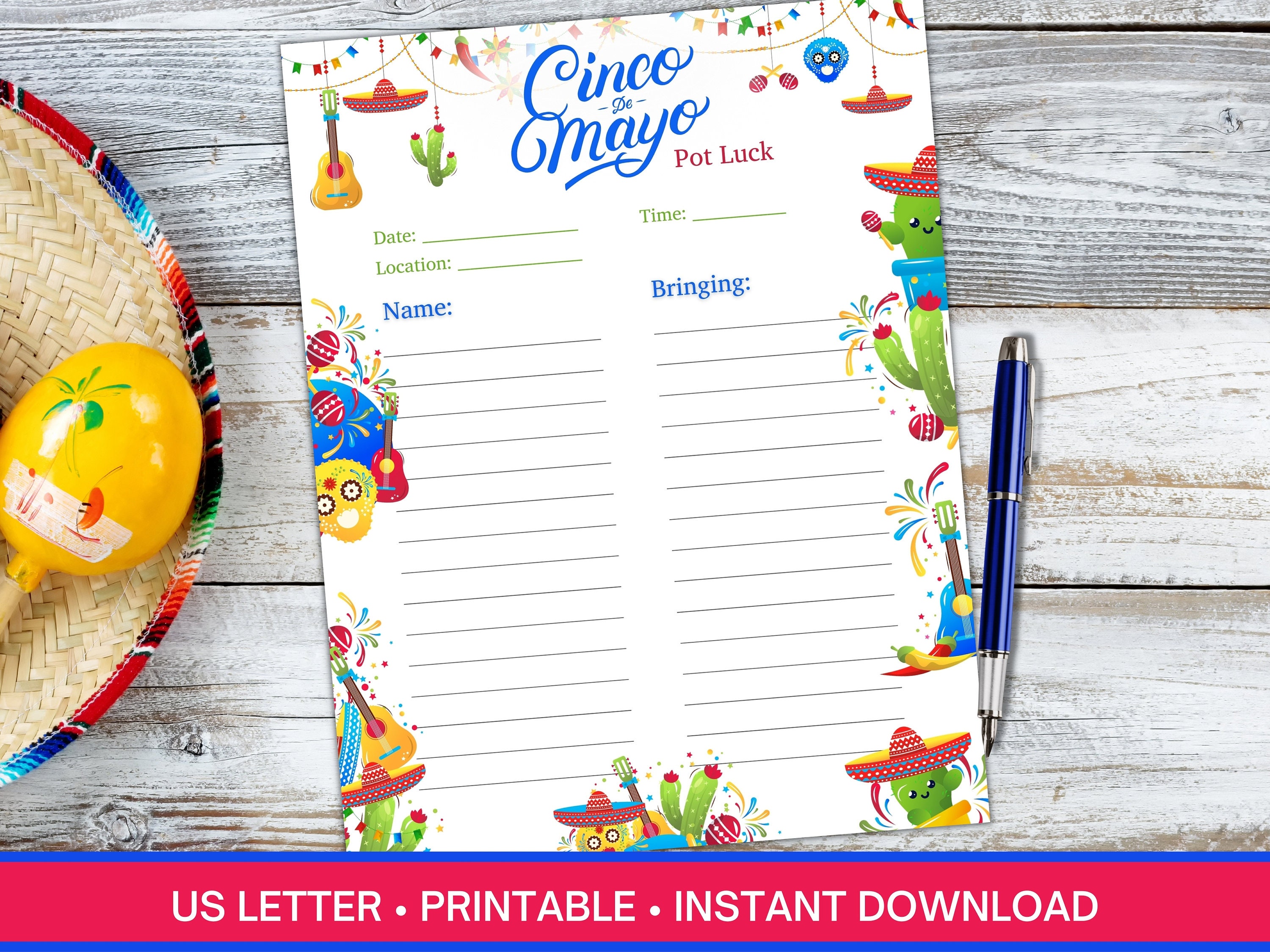 Cinco De Mayo Potluck Sign up Sheet, Printable Cinco De Mayo Party Sign ...