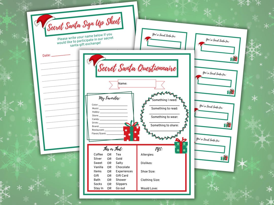 Secret Santa Sign up Sheet and Questionnaire, Printable Secret Santa ...