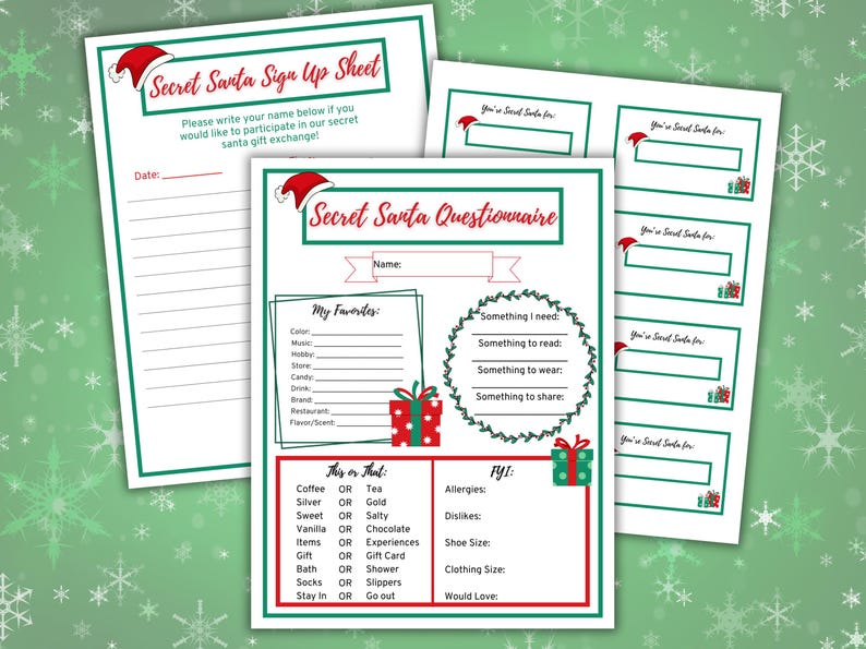 Secret Santa Questionnaire Printable, Sign-up Sheet, Name Cards ...