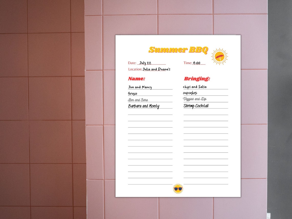 Summer BBQ Potluck Sign up Sheet, Printable Party Snack Sign up Page ...