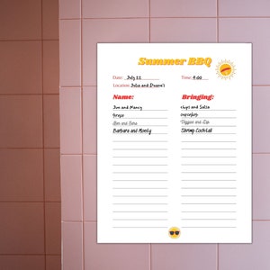 Summer BBQ Potluck Sign up Sheet, Printable Party Snack Sign up Page ...