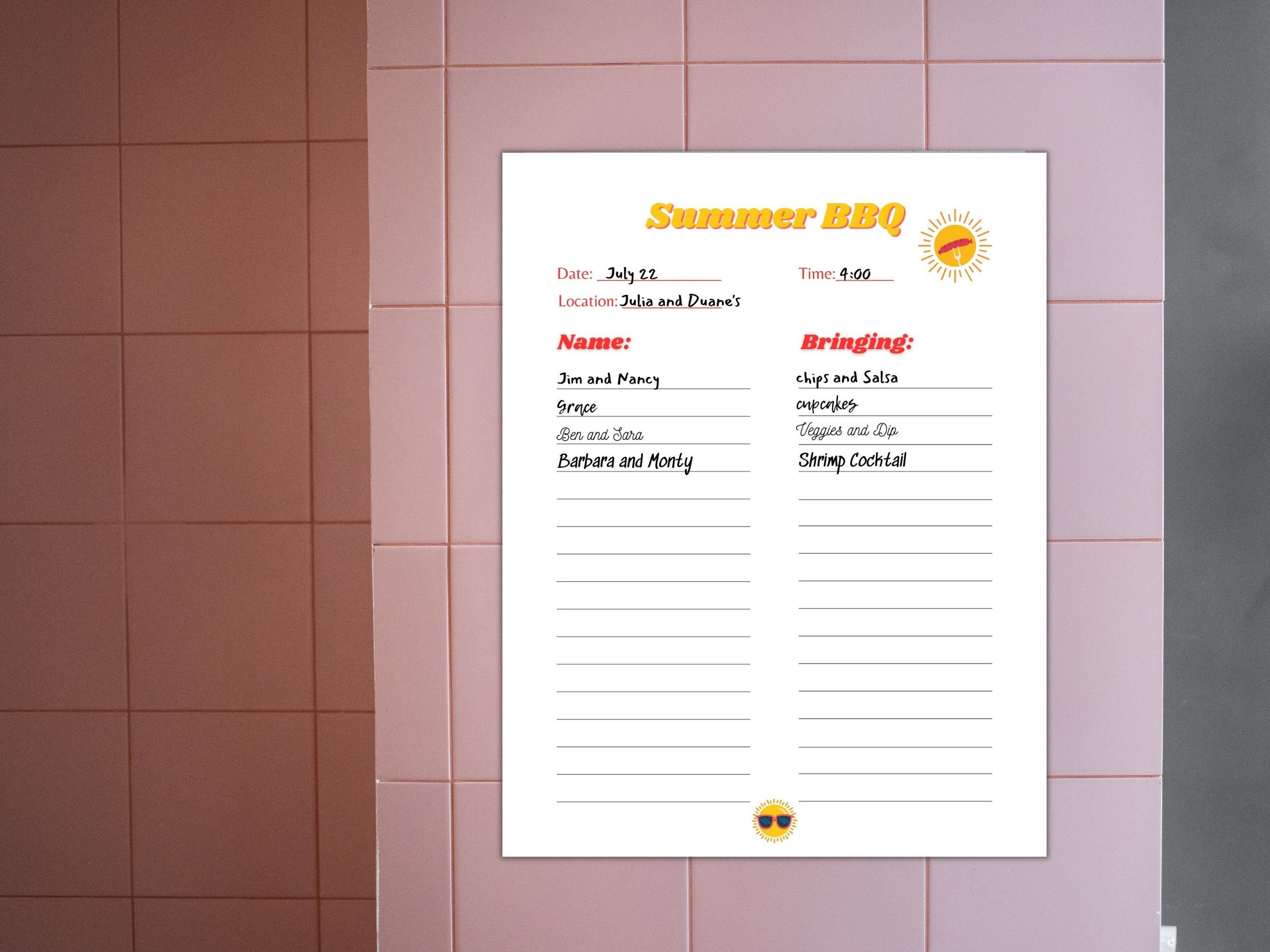Summer BBQ Potluck Sign up Sheet, Printable Party Snack Sign up Page ...