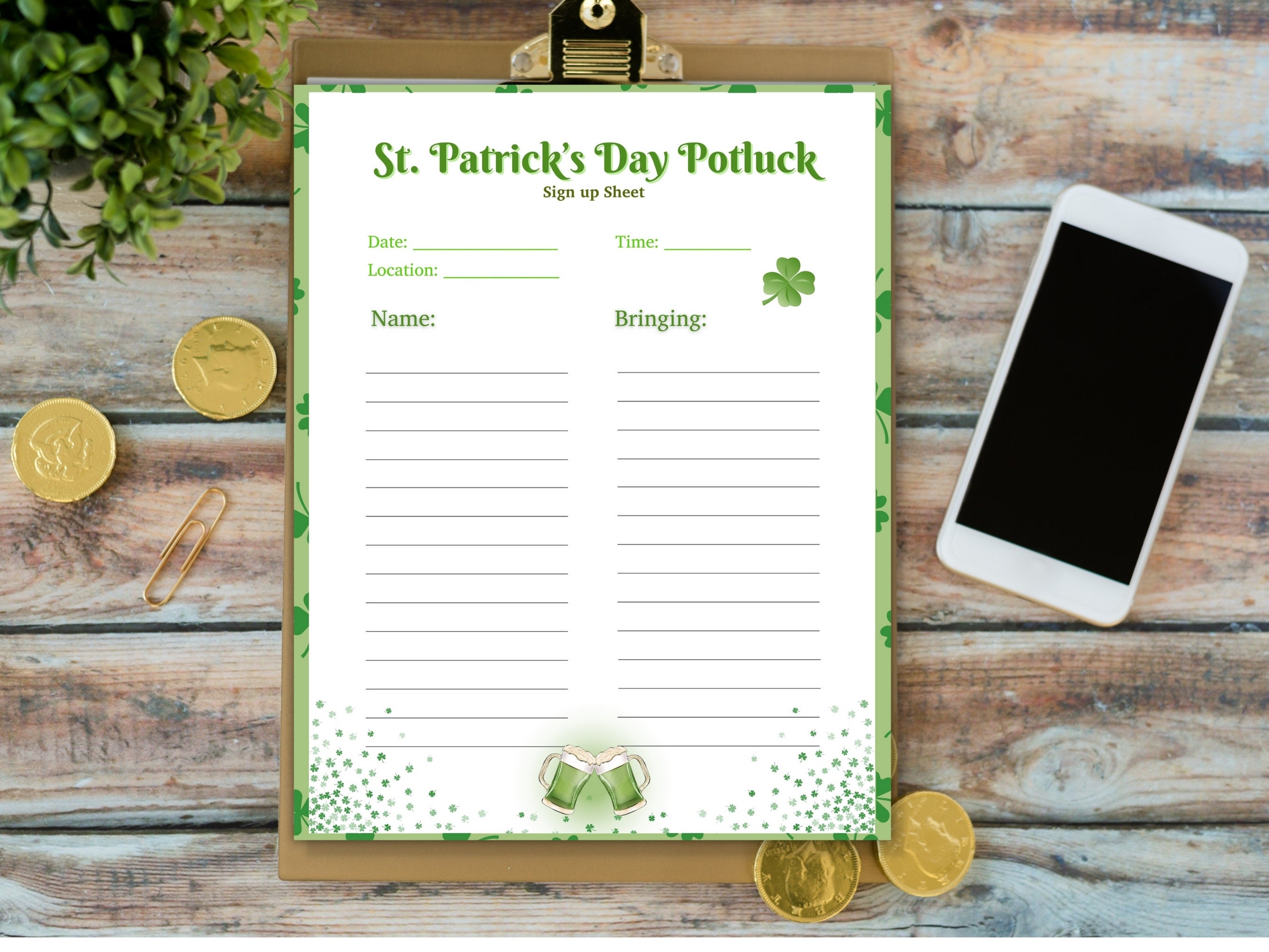 St Patrick's Day Potluck Sign up Sheet, Printable Party Sign up Sheet ...