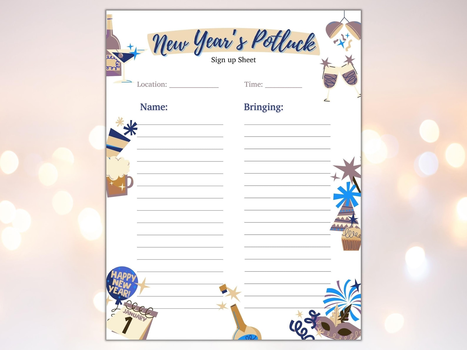 New Year's Potluck Sign-up Sheet: Holiday Party Printable (PDF) - Etsy