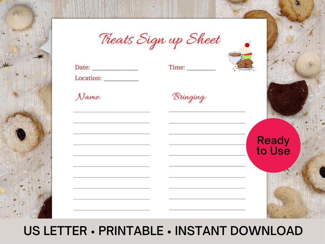 Potluck Treat Sign up Sheet, Food Sign up Sheet, Printable Party Treats ...