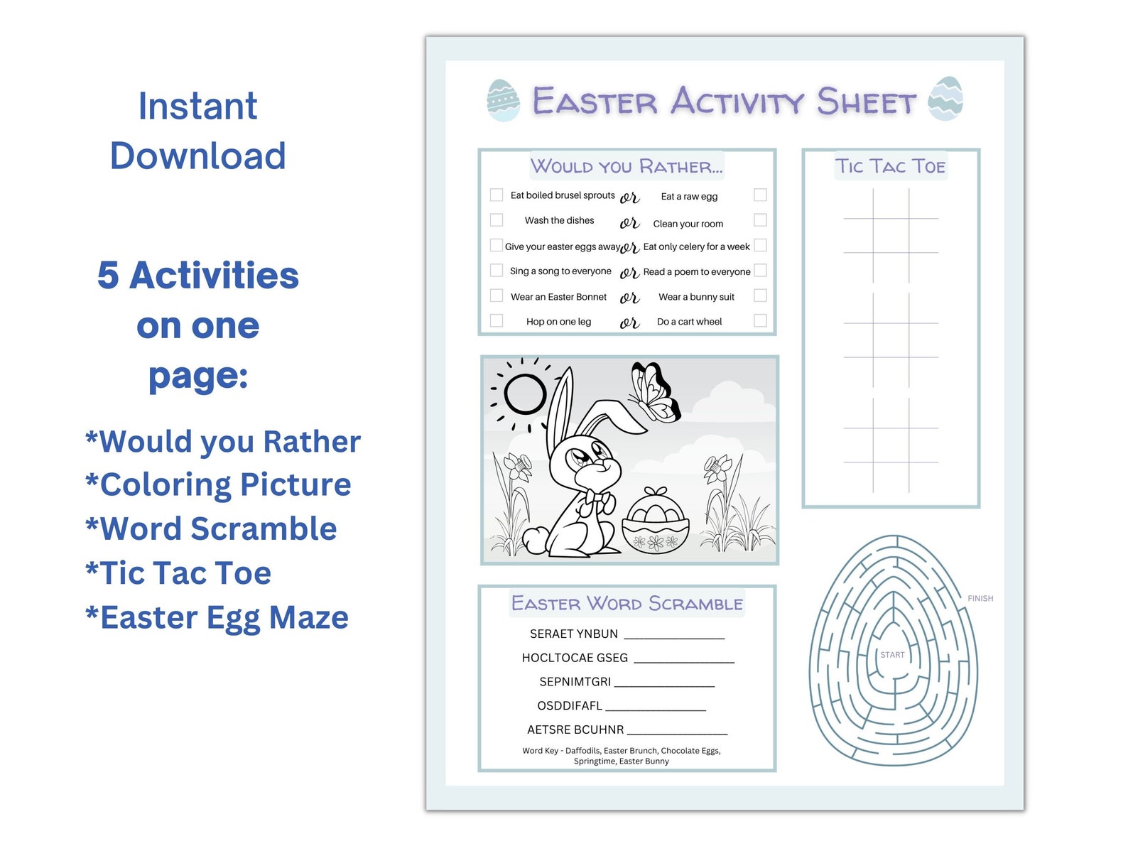 Easter Games Printable Including Easter Coloring, Tic Tac Toe, Word ...