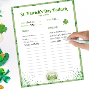 St Patrick's Day Potluck Sign up Sheet, Printable Party Sign up Sheet ...